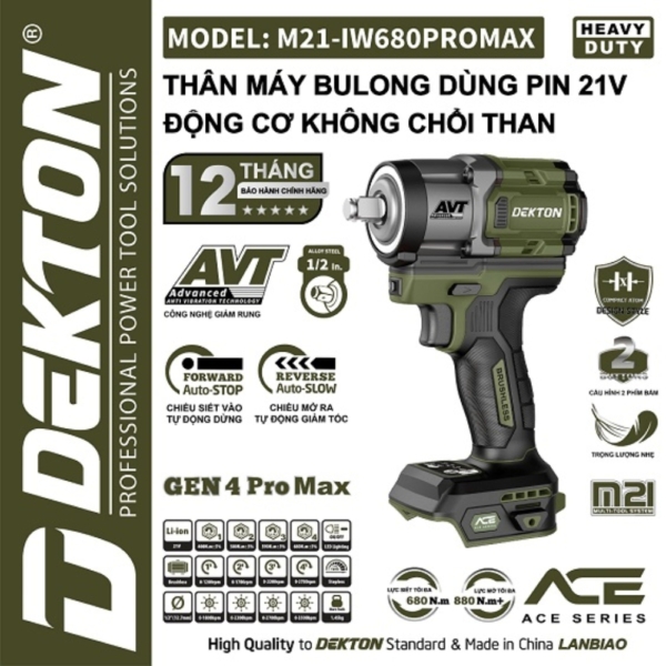 Máy siết bu lông dùng pin 21V Dekton M21-IW680XPROMAX